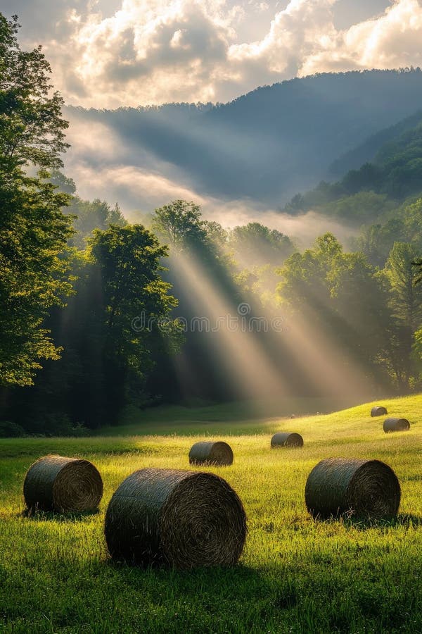 Serene Early Morning Light Illuminating a Peaceful Field with Hay Bales ...