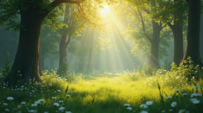 Soft Rays of Sunlight Illuminate a Tranquil Forest Clearing. Towering ...