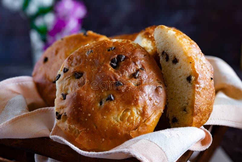 Soft Rolled Buns with Chocolate Stock Photo - Image of meal, cake ...