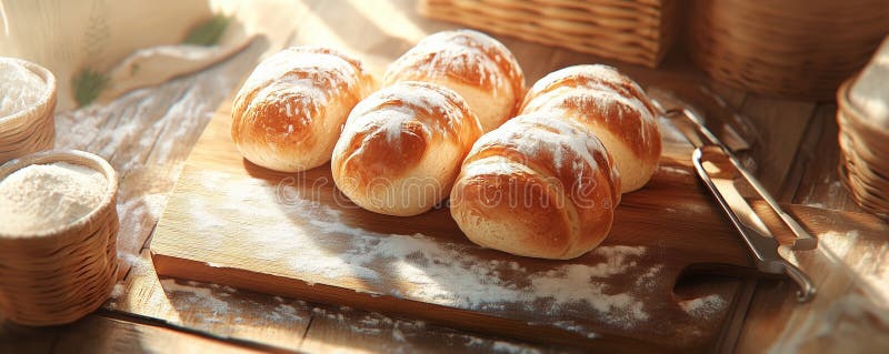 Soft Rolls Wooden Board Flour Bakery Tools Warm Setting Stock Photos ...