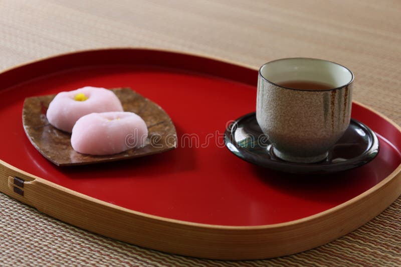 Soft Round Rice Cake Stuffed with Sweet Bean Jam on the Plate Stock ...