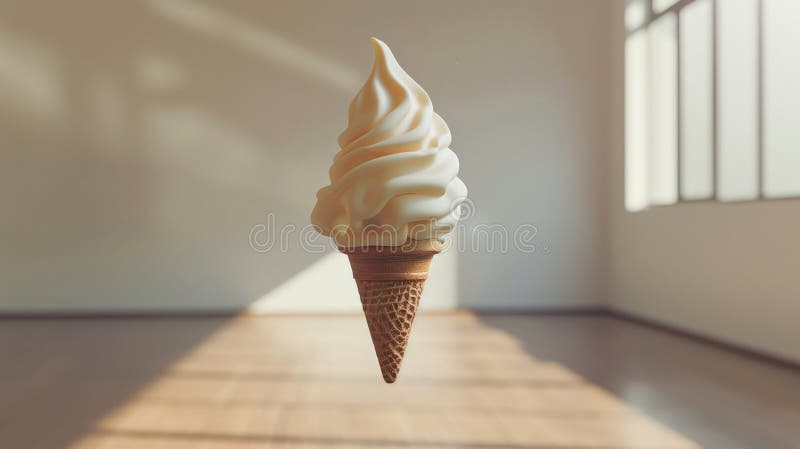 Soft Serve Ice Cream Cone Hovering in an Empty Sunlit Room Stock Photo ...