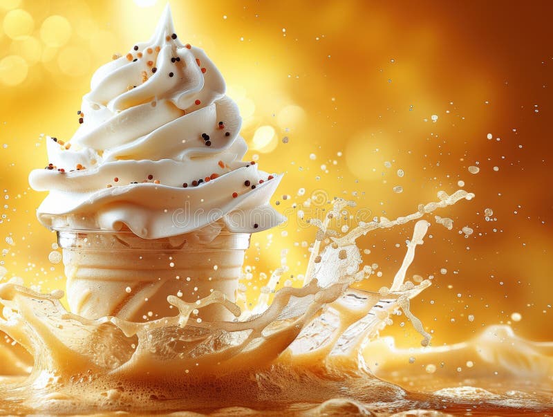 Soft Serve Ice Cream in a Cup with Splash Effects and Golden Background ...