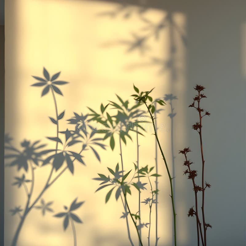 Soft Shadows of Green Plants Creating Patterns on a Warm Wall at Sunset ...