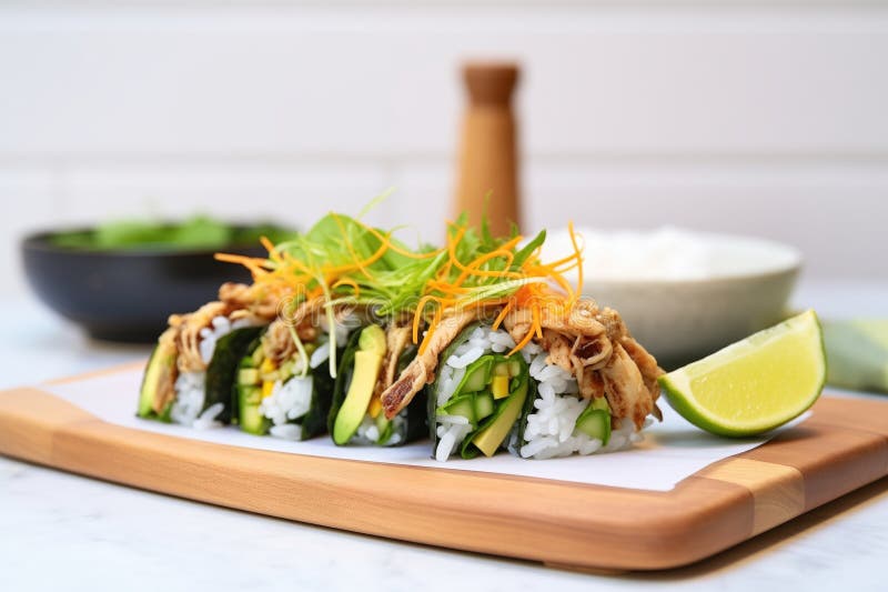 Soft Shell Crab Sushi Rolls on Platter with Lime Wedge Stock Photo ...
