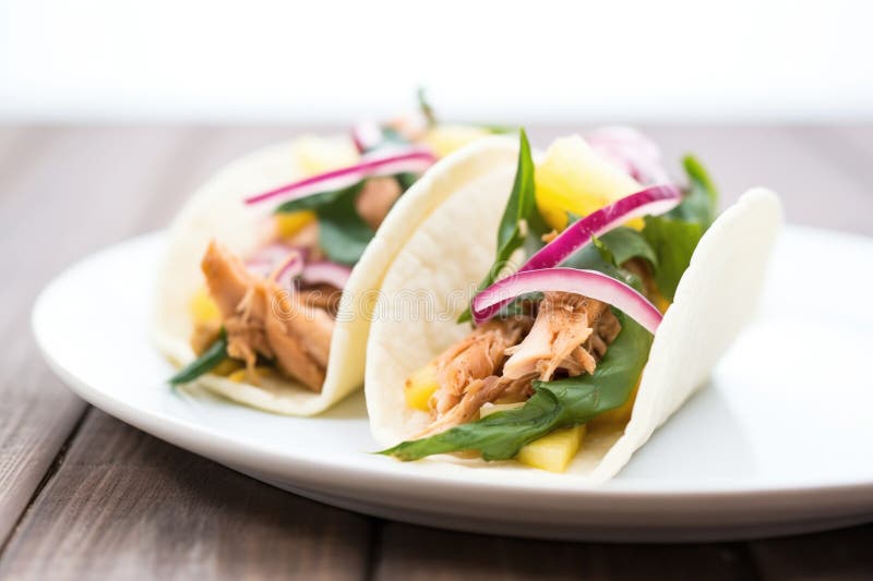 Soft Shell Tacos with Pulled Pork, Pineapple, and Red Onion, Side View ...