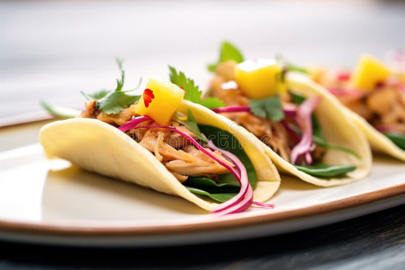 Soft Shell Tacos with Pulled Pork, Pineapple, and Red Onion, Side View ...