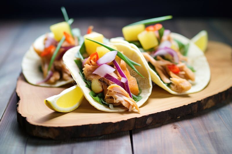 Soft Shell Tacos with Pulled Pork, Pineapple, and Red Onion, Side View ...