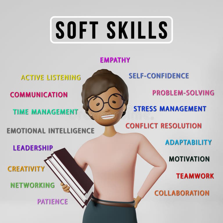 Soft Skills 3D Render Infographic. Young Woman Employee Character ...