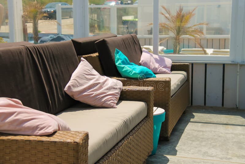 Soft Sofas with Colorfull Pillows in the Beach Cafe Terrace Stock Photo ...