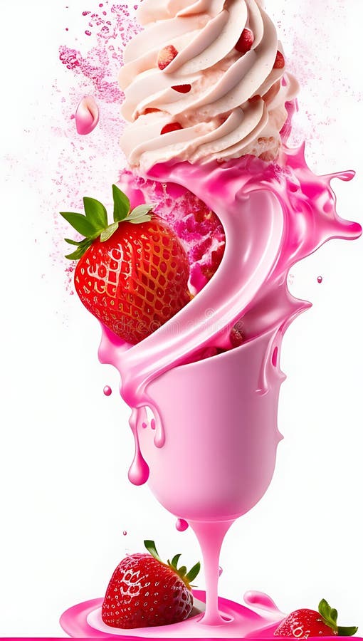 Soft Strawberry Ice Cream Cone With Swirl Splash Vector Ads Promo