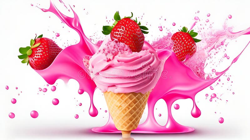 Soft Strawberry Ice Cream Cone With Swirl Splash Vector Ads Promo