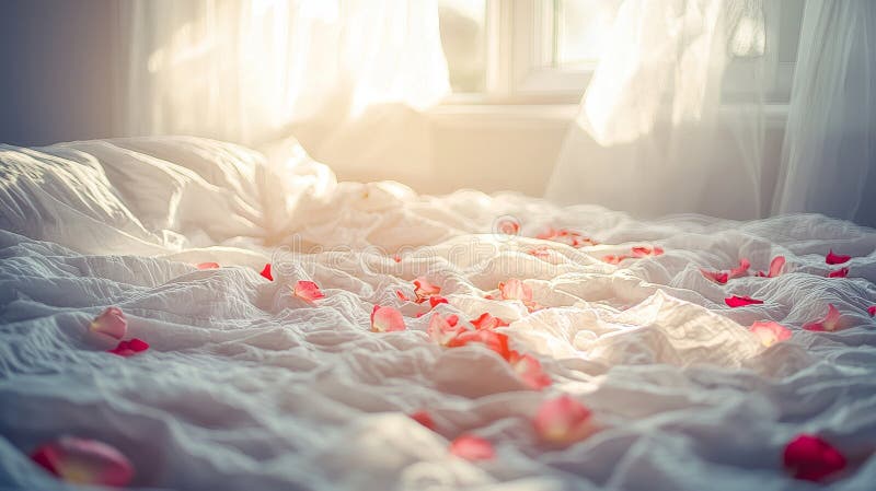 With Soft Sunlight, Pink Rose Petals are Scattered on a White Bed Sheet ...