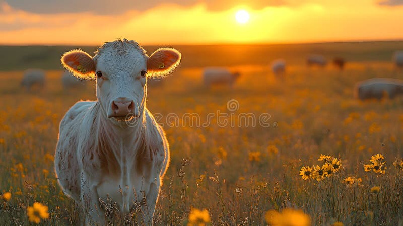 Soft Sunset Light Highlights Serene Cows in Stylized Field Stock ...