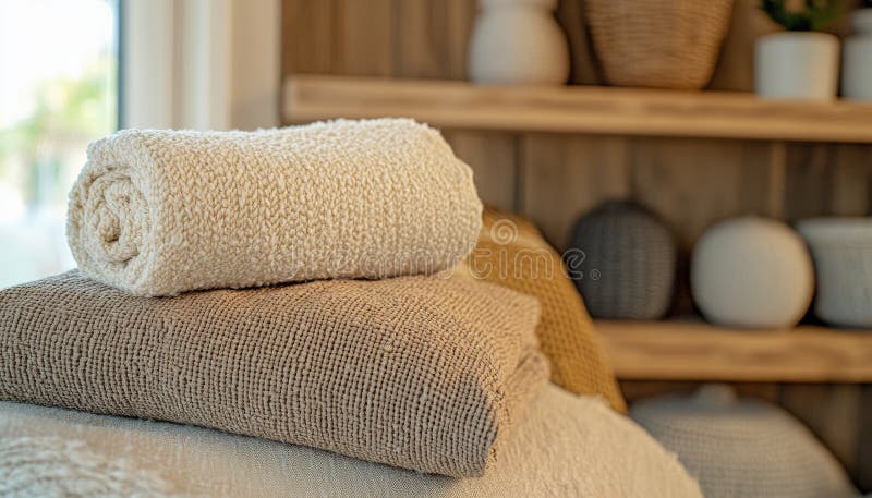 Soft, Textured Comfort Stack of Neutral Toned Towels on a Bed ...
