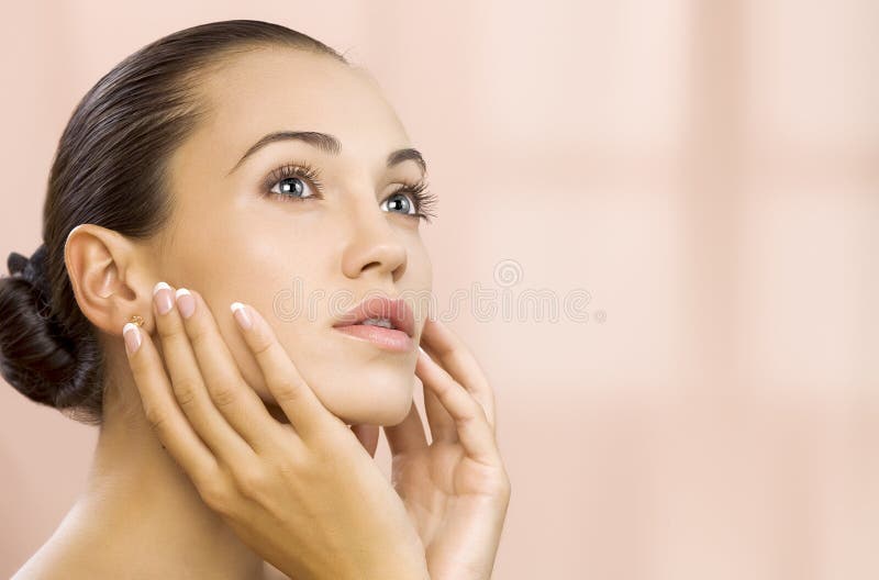 Beautiful Young Girl Touching Her Face on Blue Background and Snow ...