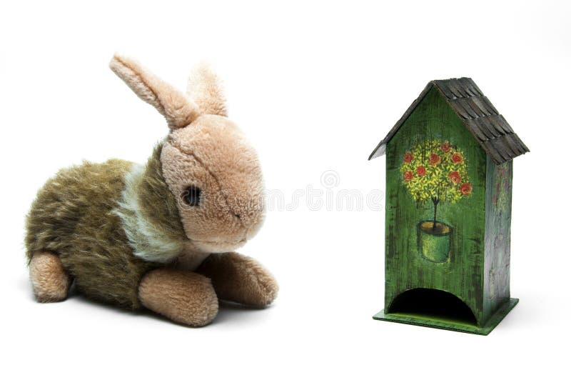 Soft Toy Hare or Rabbit. Fairytale House. on White Background Stock ...
