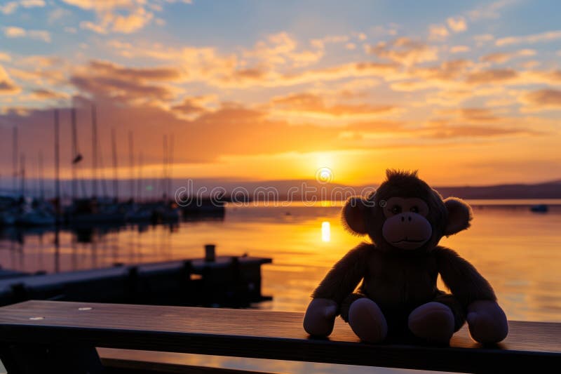 Soft Toy Monkey on a Bench Facing a Harbor Sunset Stock Image - Image ...