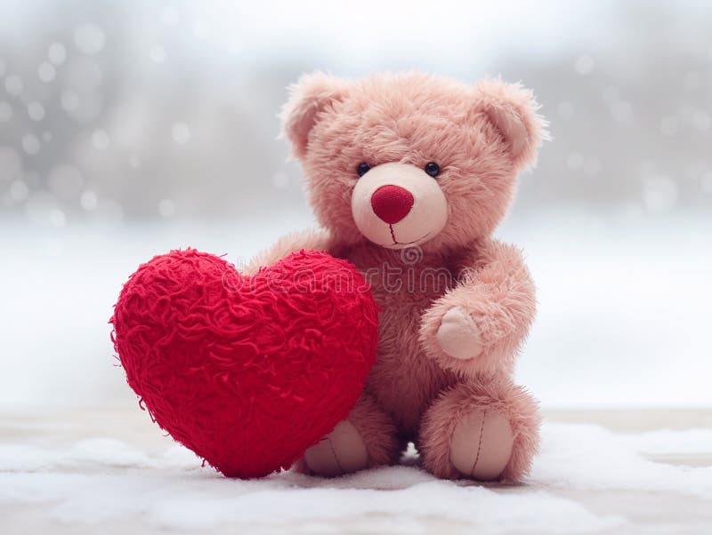 A Soft Toy Pink Fluffy Bear Holding a Red Heart Stock Illustration ...