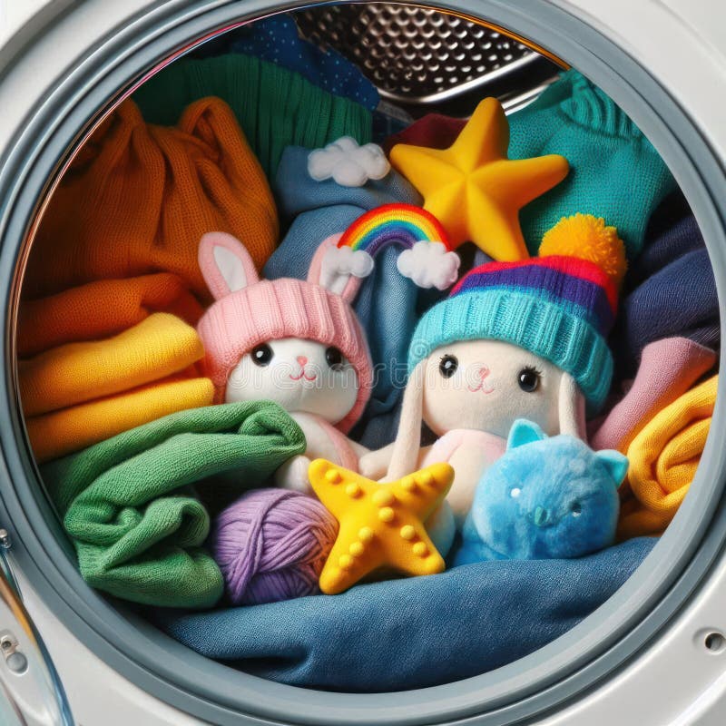 Soft Toys in the Washing Machine among Bright Clothes. Stock Photo ...