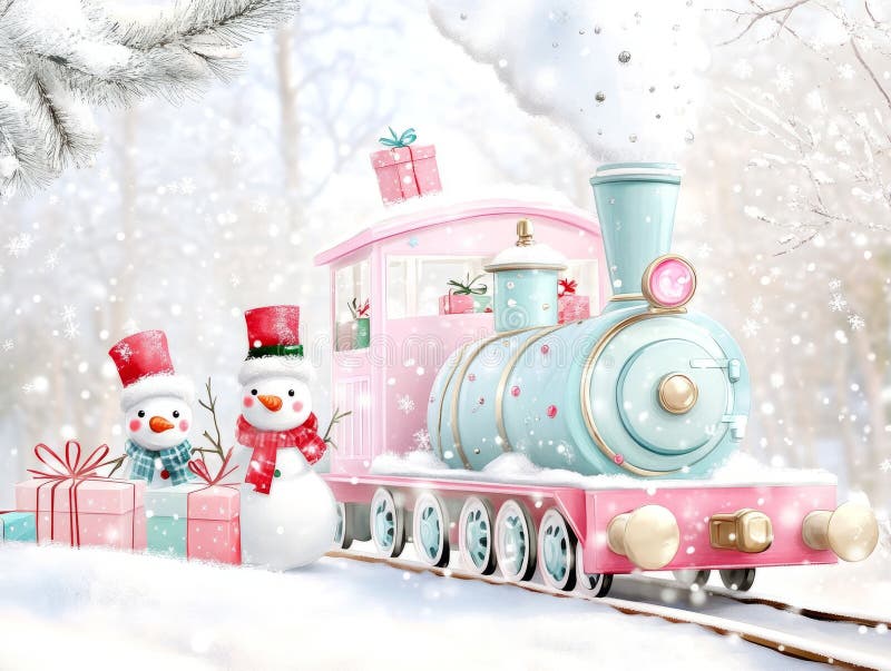 A Soft Train with Snowmen Passengers Holding Candy Canes, Rolling ...