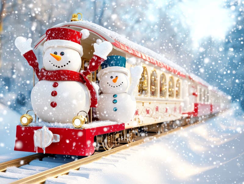 A Soft Train with Snowmen Passengers Holding Candy Canes, Rolling ...