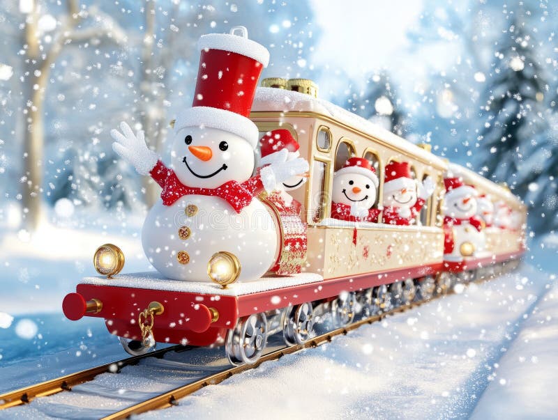 A Soft Train with Snowmen Passengers Holding Candy Canes, Rolling ...