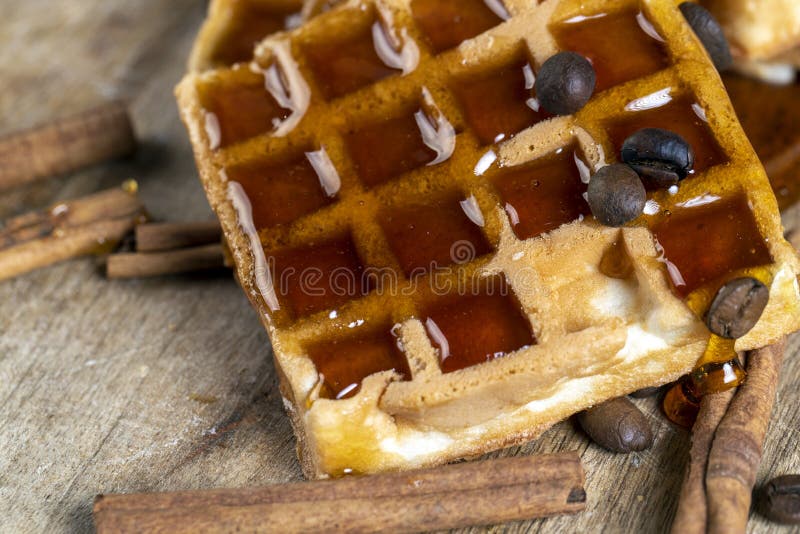 Soft Waffles with Natural Bee Honey on a Serving Board Stock Photo ...