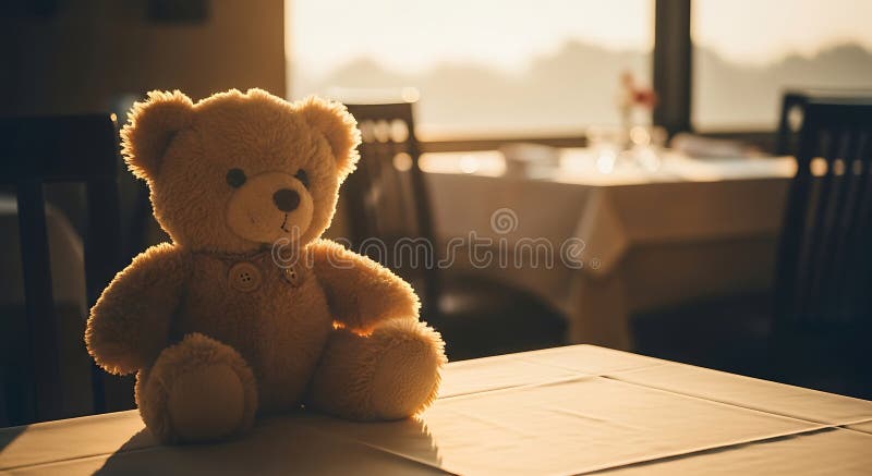 Soft Warm Light Illuminates Plush Teddy Bear on Dining Table at Sunset ...