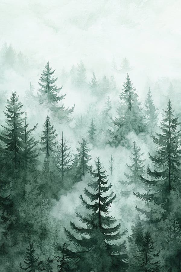 This Soft Watercolor Artwork Captures a Dense Pine Forest Enveloped in ...