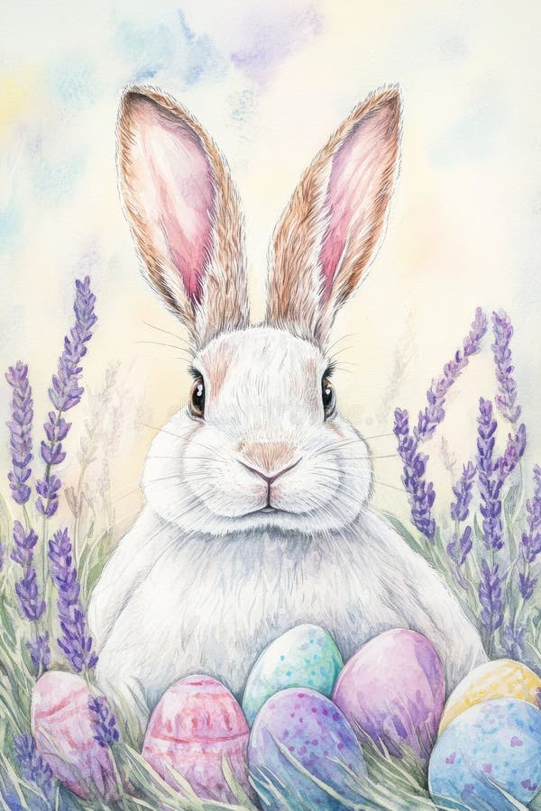 Soft Watercolor Easter Bunny Long Floppy Ears Resting Field Lavender ...