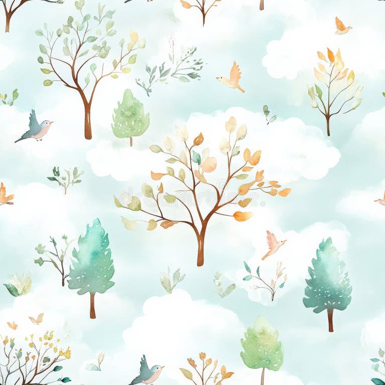 A Soft Watercolor-inspired Spring Forest Pattern with Tiny Birds ...