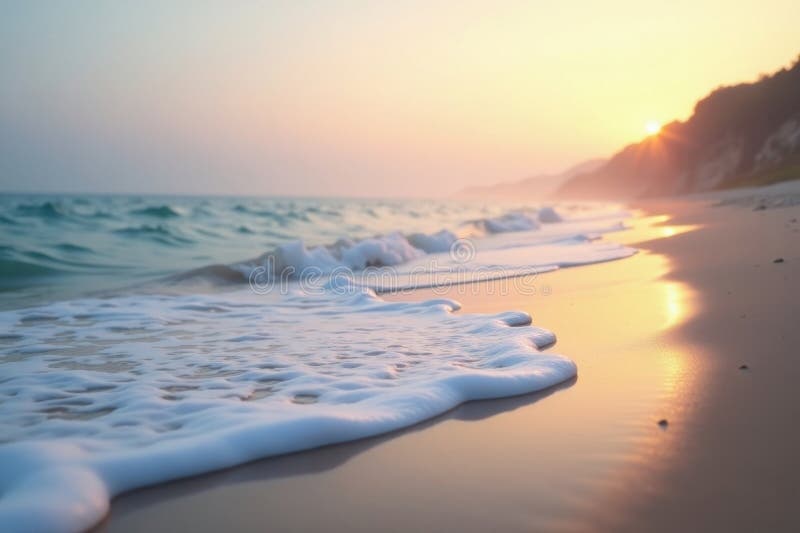 Soft Wavelets Lap Gently on Sandy Beach, Misty Horizon Blurs into Pale Sky , Mist, Idyllic Stock ...