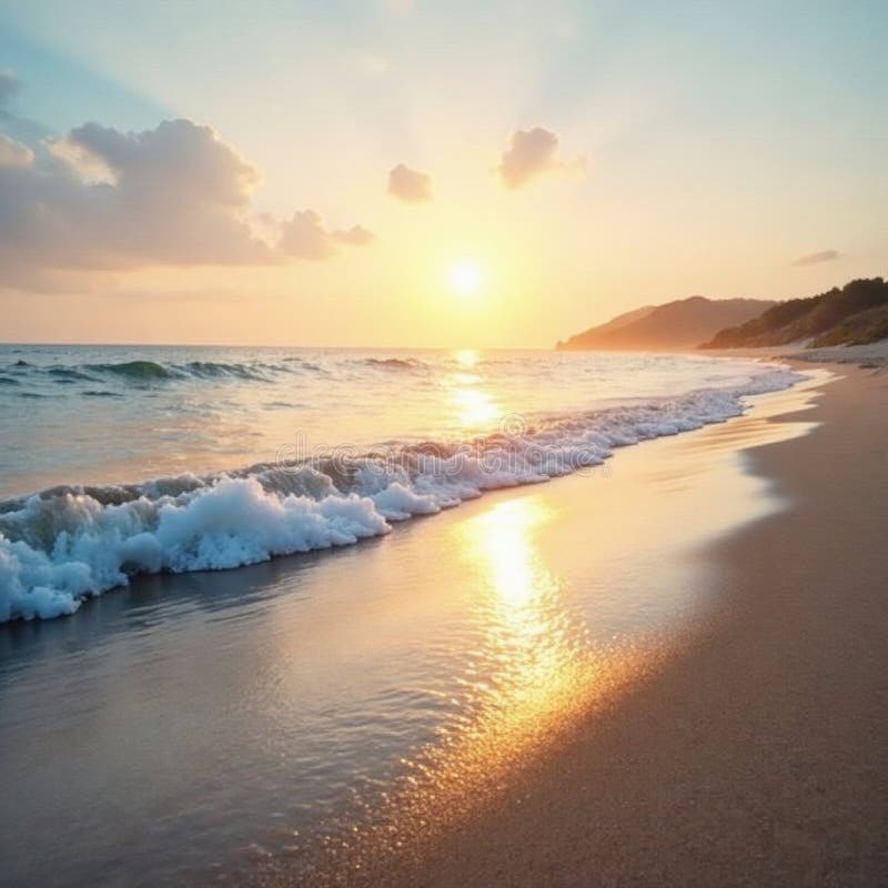 Soft Wavelets, Misty Horizon, Pale Sunlit Sand , Beach, Ethereal Stock ...