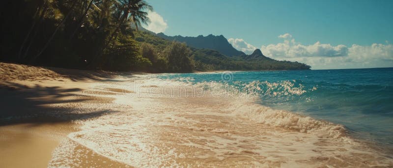 Cinematic View of a Tranquil Beach with Gentle Waves and Lush Greenery ...