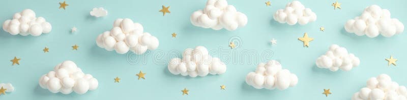 Soft White Clouds Gold Stars, Repeating Pattern Ideal for Kids, Fluffy ...