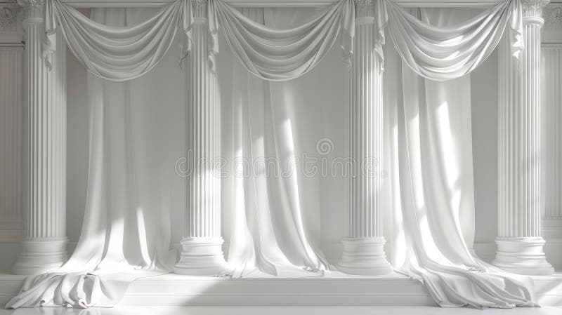 Elegant White Draped Curtains and Classical Columns in a Bright ...