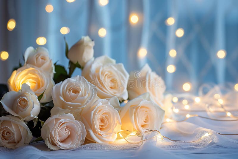 Soft White Roses and Fairy Lights in Cozy Ambience. Generative AI Stock ...
