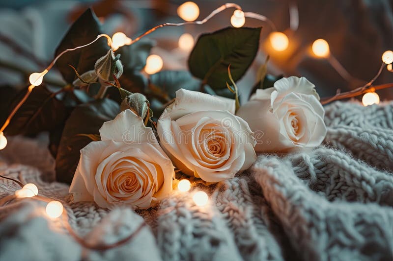 Soft White Roses and Fairy Lights in Cozy Ambience. Generative AI Stock ...