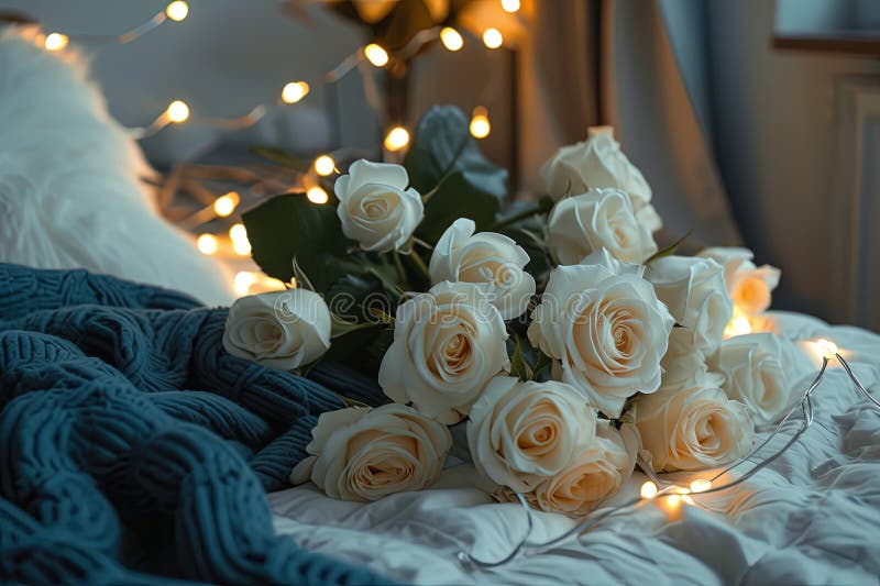 Soft White Roses and Fairy Lights in Cozy Ambience. Generative AI Stock ...