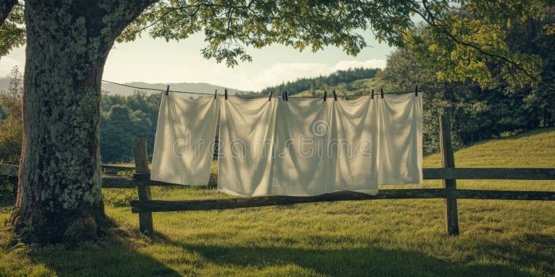 Soft White Sheets Hang on a Rustic Fence Under a Large Tree. the Scene ...