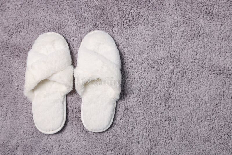 Soft White Slippers on Fluffy Grey Carpet, Top View. Space for Text ...