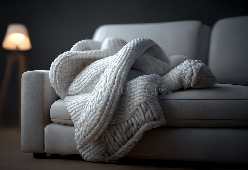 Soft White Wool Throw Blanket on a Cream Colored Sofa Couch Stock ...