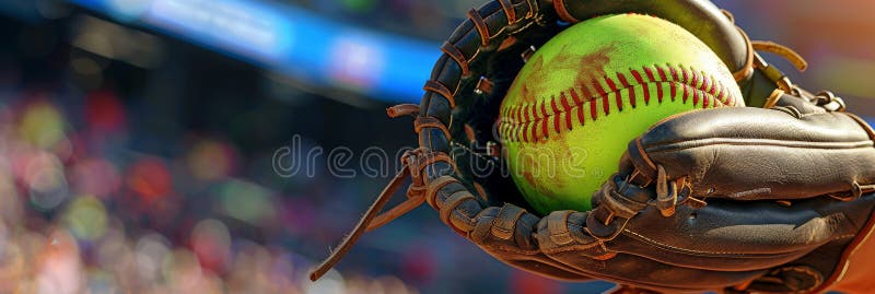 Softball Glove Close Up Capturing High Fly Ball, Demonstrating ...
