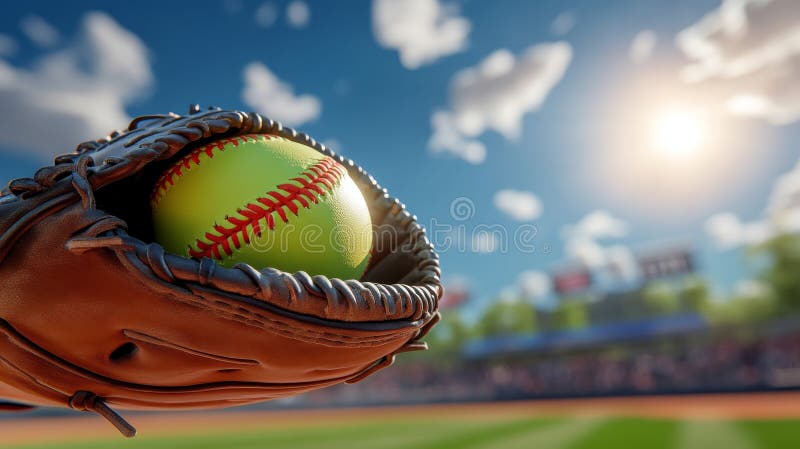 Softball in a Glove, Stadium Background. Blue Sky, White Clouds, with ...