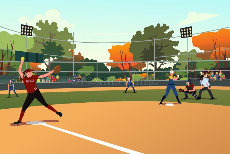 Softball Women Playing in a Match Vector Illustration Stock Vector ...