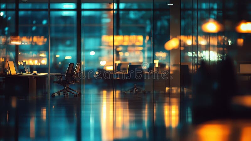 A Softly Blurred Image of an Expansive Office Space at Night with ...