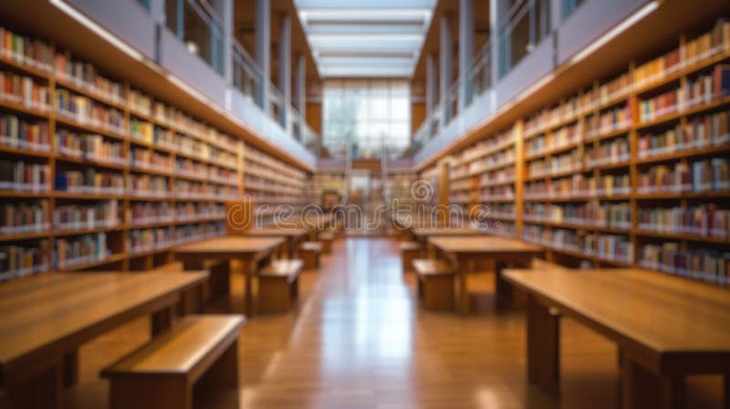 Blurred Library Interior with Bookshelves and Tables. Resplendent ...