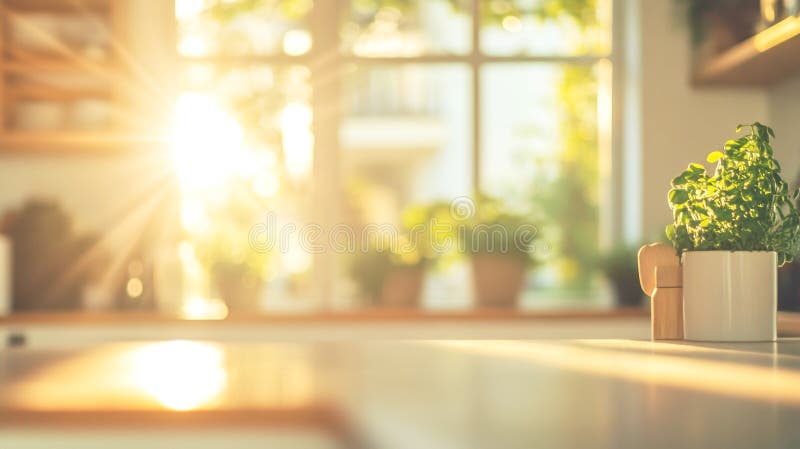 A Softly Blurred Modern Kitchen Bathed in Warm Sunlight with Plants ...