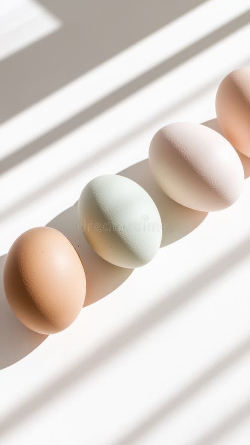Softly Colored Eggs Arranged in a Line Under Sunlight Casting Shadows ...